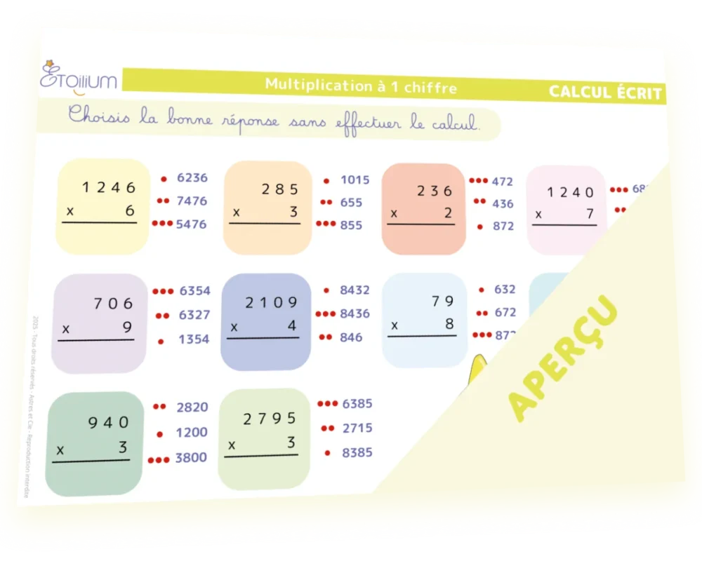 Multiplication écrite (1 chiffre) - version française | Etoilium